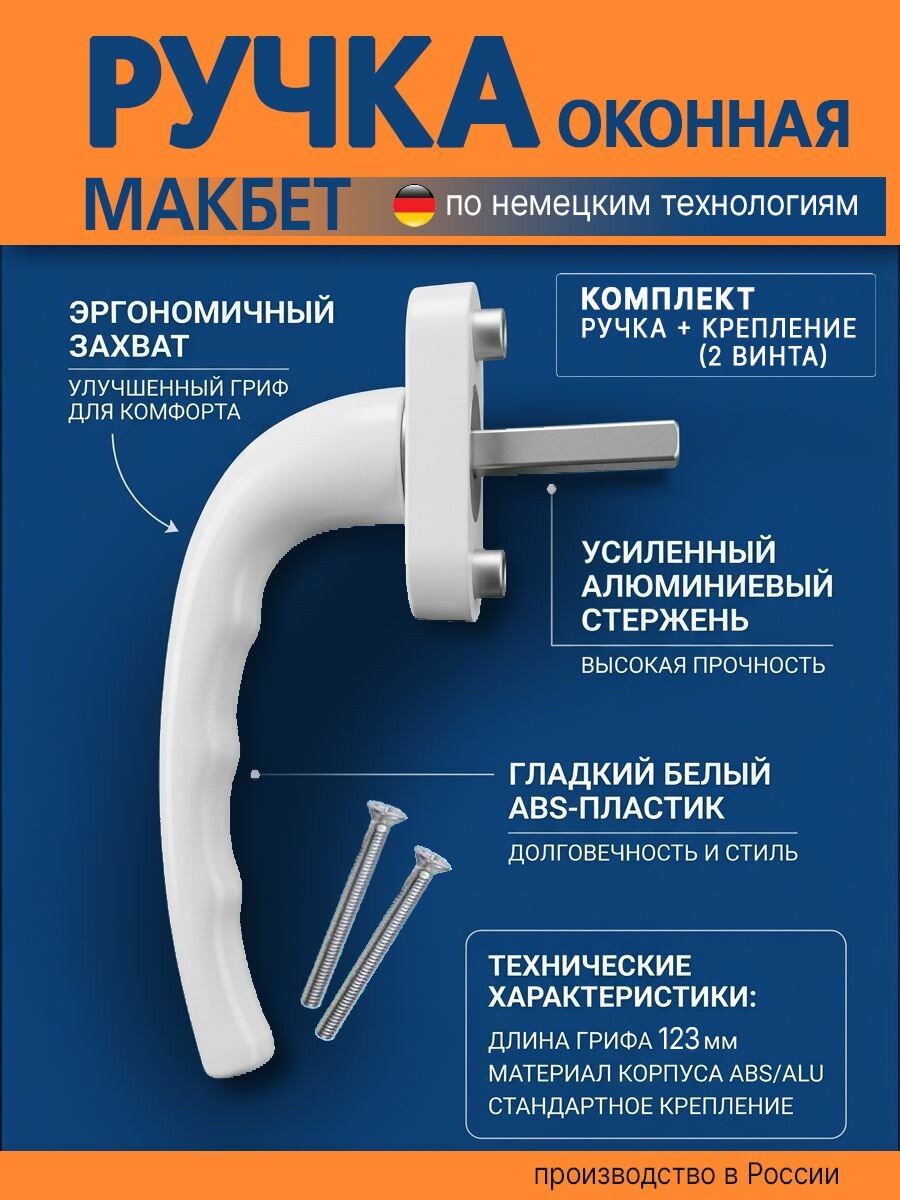 Ручка оконная Макбет, металлическая (белая), штифт 35 мм, для балконной пластиковой двери 1 шт.