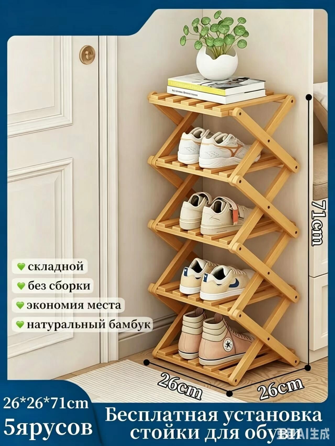 Обувница, Бамбук, ДВП, 26х26х71 см