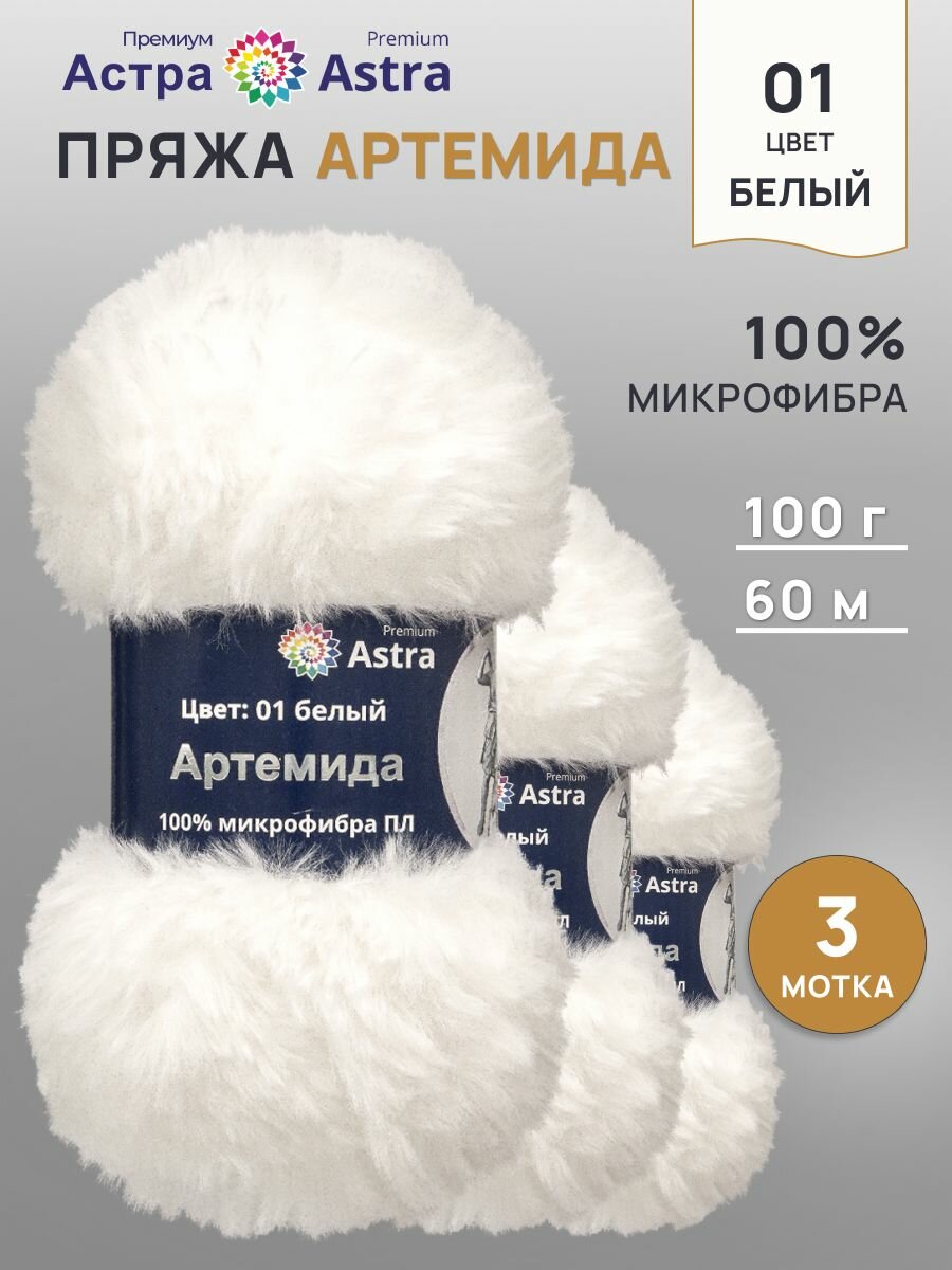 Пряжа для вязания Astra Premium 'Артемида' 100г, 60м (100% микрофибра ПЛ) (01 белый), 3 мотка