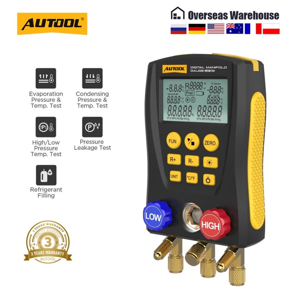 AUTOOL LM120 цифровой тестер холодильного коллектора HVAC, холодного и среднего вакуумного давления, температуры, кондиционера автомобиля, PK Testo DY517A