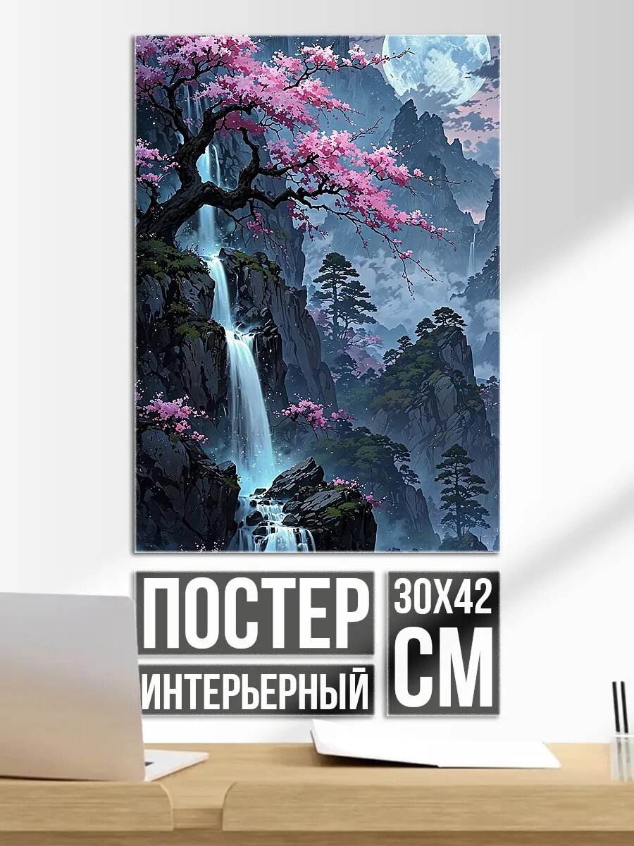 Плакат постер Цветущая сакура у водопада