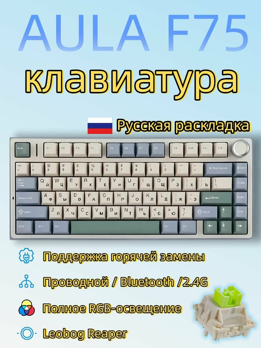 AULA Игровая клавиатура беспроводная Соединение Type-C/Bluetooth/2.4G Полная возможность горячей замены клавиш настраиваемая RGB - подсветка, технология горячей вставки, (Leobog Reaper), Русская раскладка, белый, зеленый