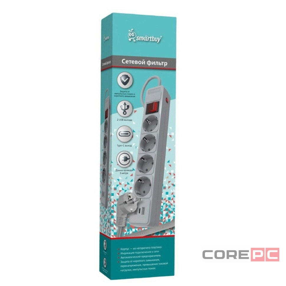 Сетевой фильтр c USB+Type C, 16А, 4 гнезда, c з/ш, с з/к, ПВС, 3 м, серый (SBSP-30C-G)