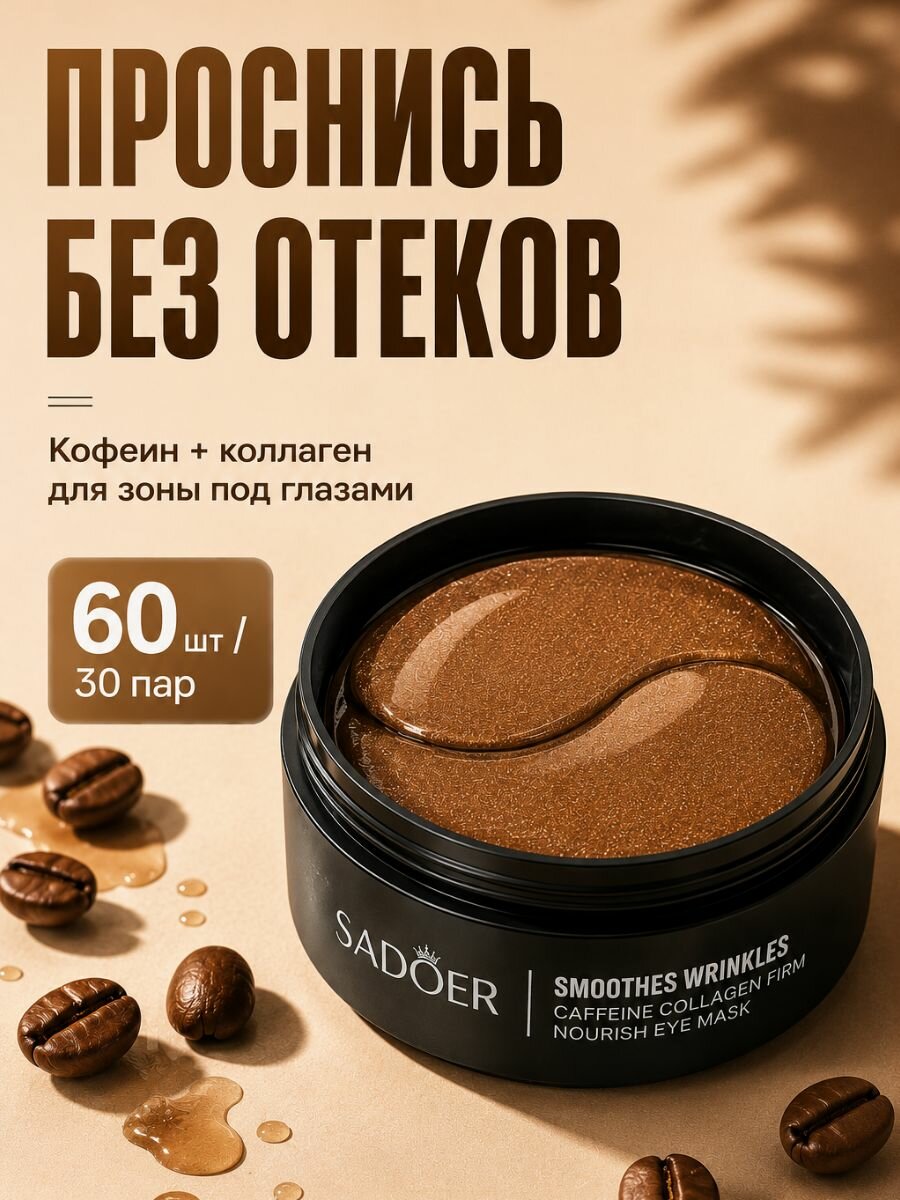 Патчи для глаз; патчи SADOER с кофеином от морщин, отёков и тёмных кругов 60 шт