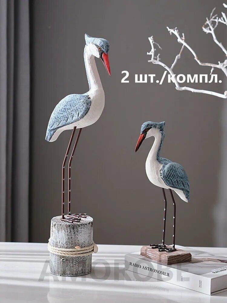 Деревянная статуэтка чайки из 2шт, Винтажная статуя прибрежной птицы в средиземноморском стиле