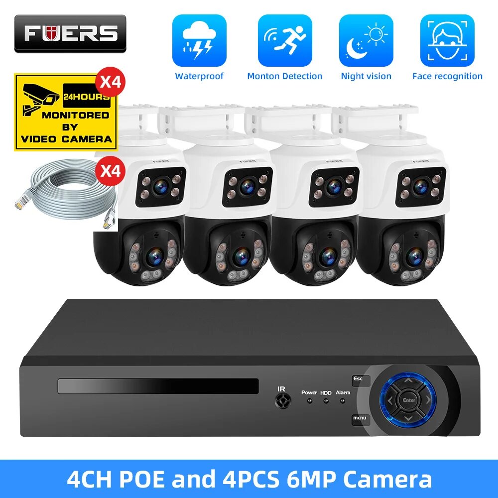 Система видеонаблюдения FUERS 4CH Poe 6MP Комплект видеонаблюдения Камера безопасности Камера PTZ Наружная камера Двунаправленный звук Полноцветная ночь