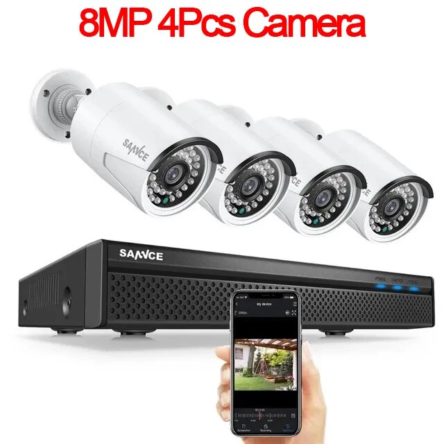Система безопасности IP-камер SANNCE 5MP 8MP POE H264+ 8-канальный NVR 4/6/8 шт. Камера с ночным видением 2.8 мм IP66 Влагоустойчивая 8MP IP-камера