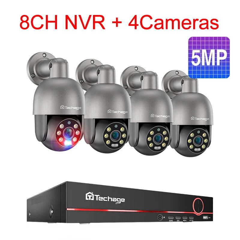 Система безопасности IP-камер Techage 8CH 4K 5MP 8MP PTZ с поддержкой POE для улицы с искусственным интеллектом, обнаружением людей, двусторонним аудио и видеонаблюдением