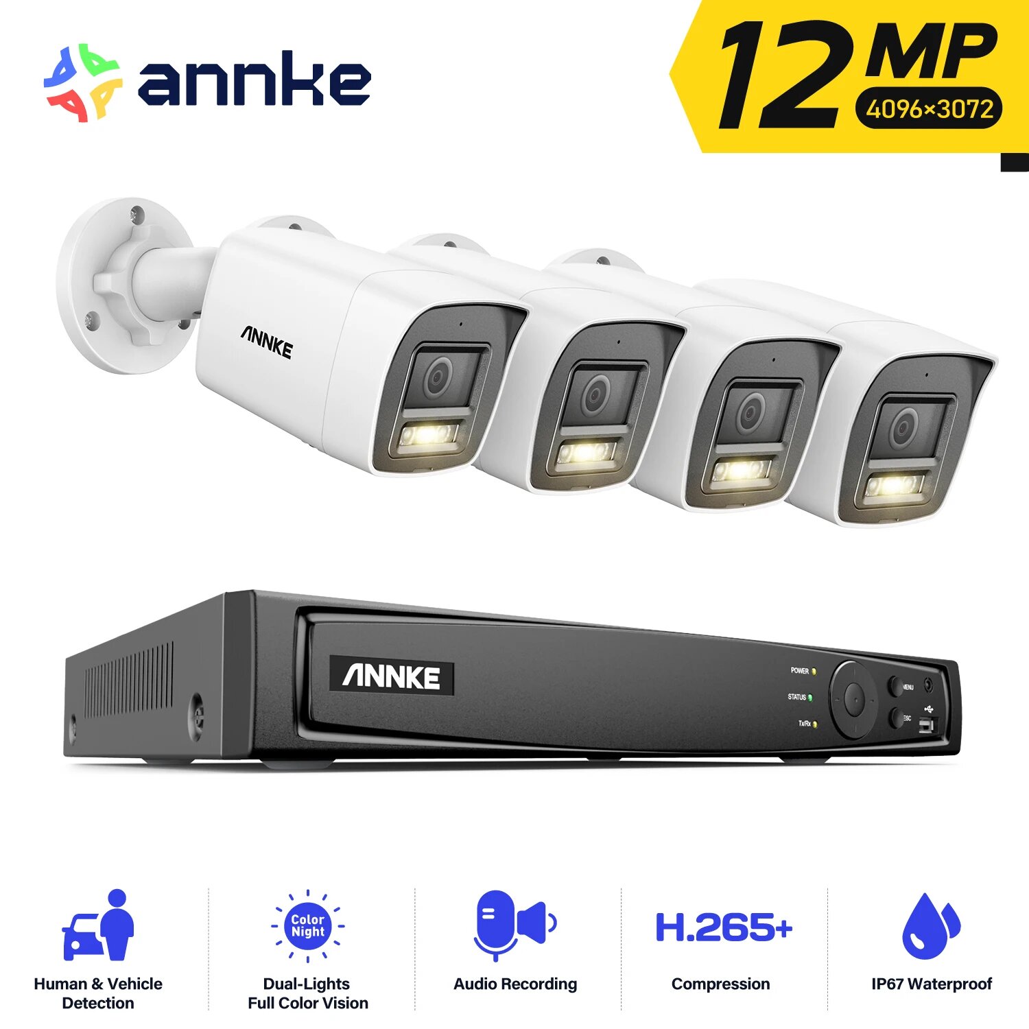Система видеонаблюдения для улицы ANNKE H1200 12MP Dual Light с объективом 2.8 мм Детекция людей/транспорта Наборы PoE-камер 265+ 12MP