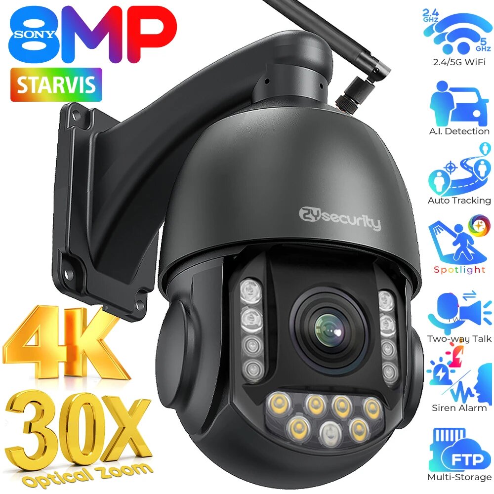 4K 8MP IP-камера PTZ с 30-кратным зумом для наружного использования с автоматическим трекингом, обнаружением людей и транспортных средств, Wi-Fi-камера для наблюдения, куполообразная камера безопасности CamHi