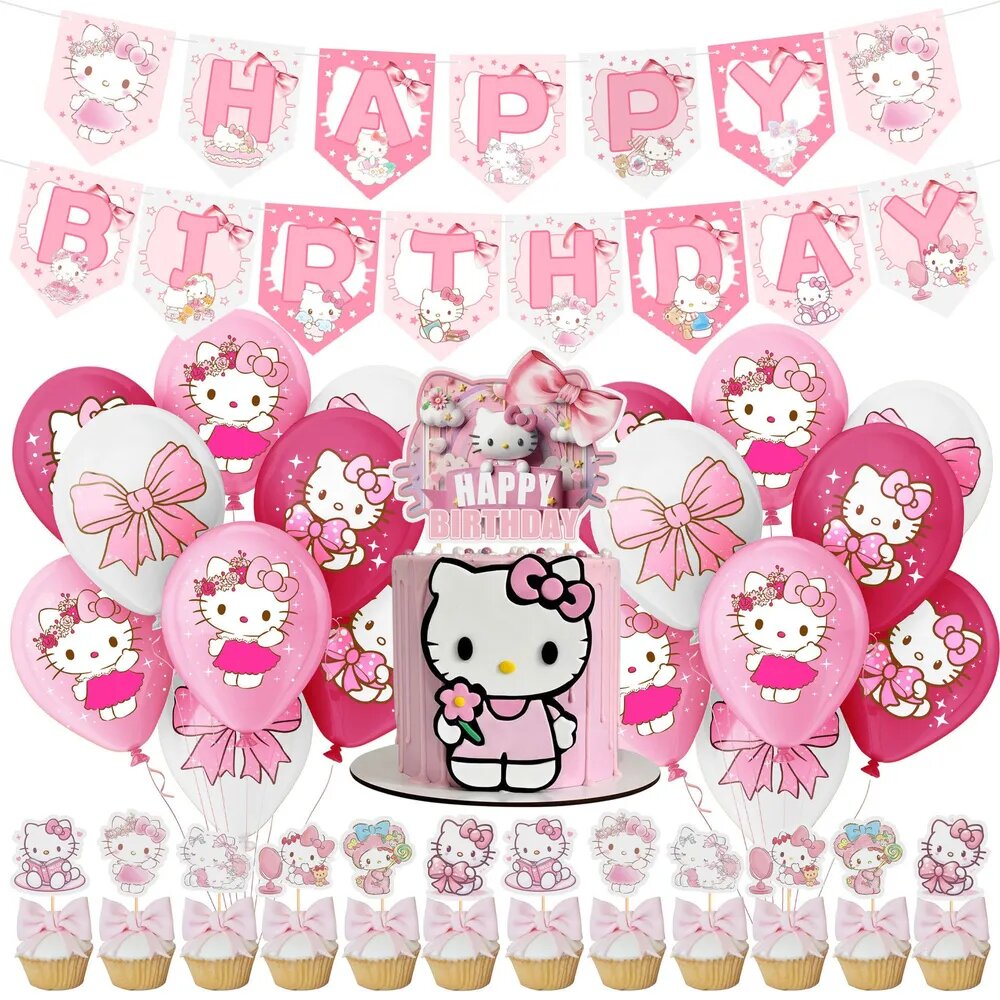 Праздничный набор Hello Kitty для дня рождения девочки, розовый декор, воздушные шары, баннеры и топперы для торта, аксессуары для оформления детской вечеринки и первого дня рождения ребенка