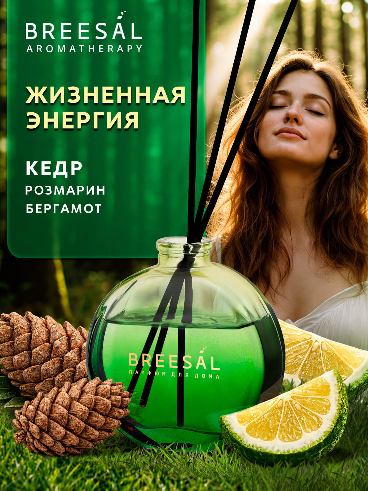 Breesal Диффузор для дома, ароматизатор с палочками : Кедр, 70 мл