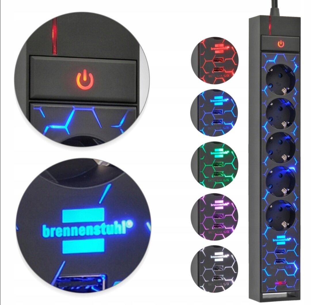 Игровой удлинитель Brennenstuhl. С Led подсветкой и режимом изменения цвета. 2x USB.