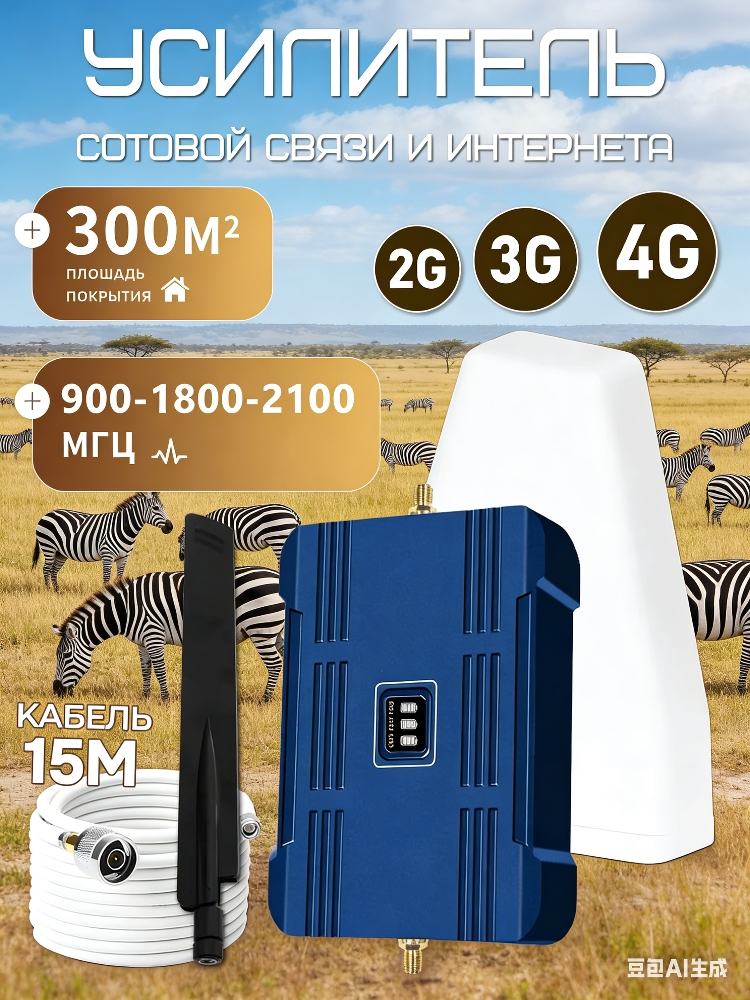 Усилитель сотовой связи 900/1800/2100 МГц (2G/3G/4G): до 70 км, направленный, синий, 1.3 кг