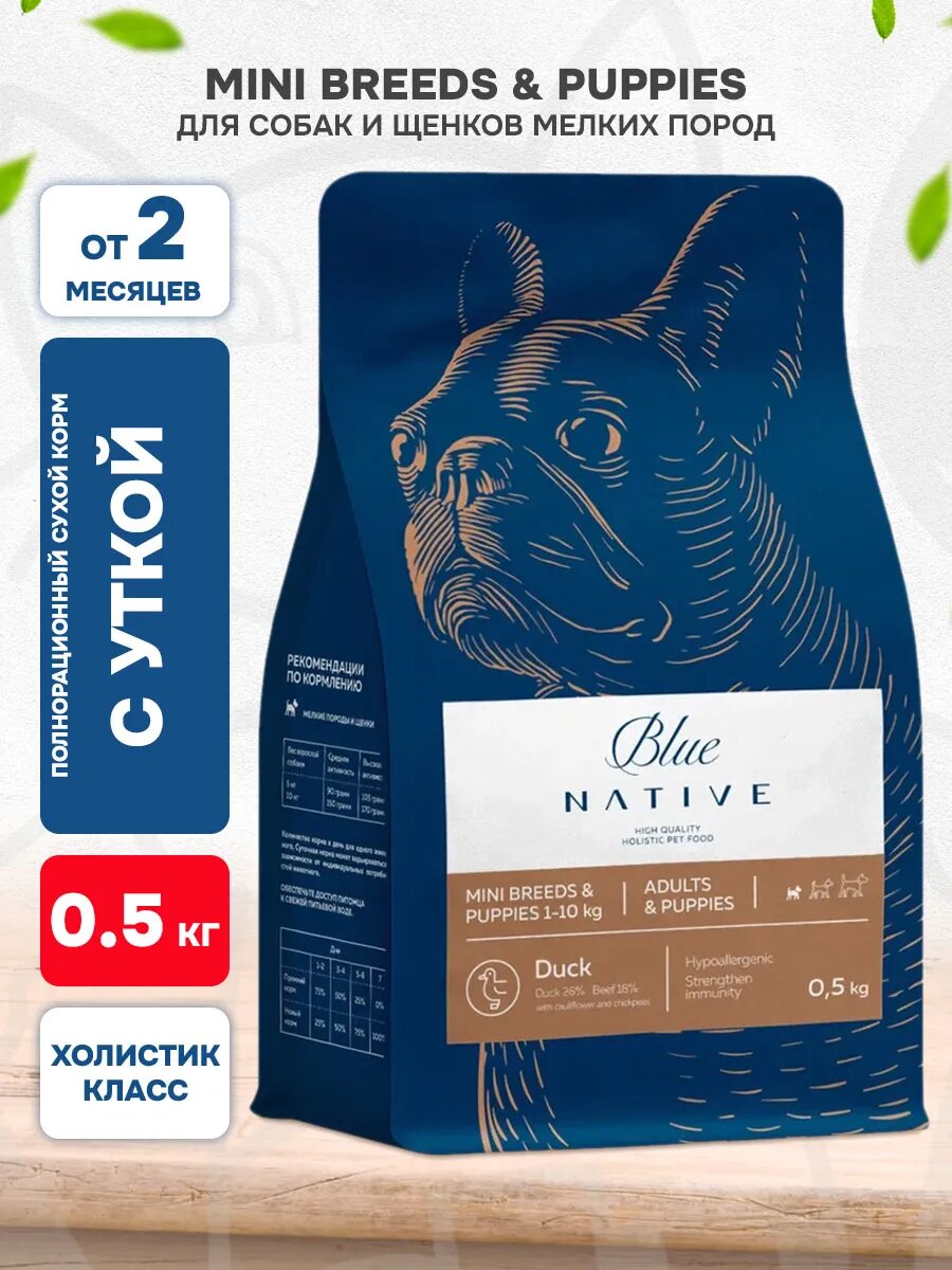 Корм сухой Blue Native Holistic Mini Breeds & Puppies Duck для щенков и собак мелких пород, утка, 500 г