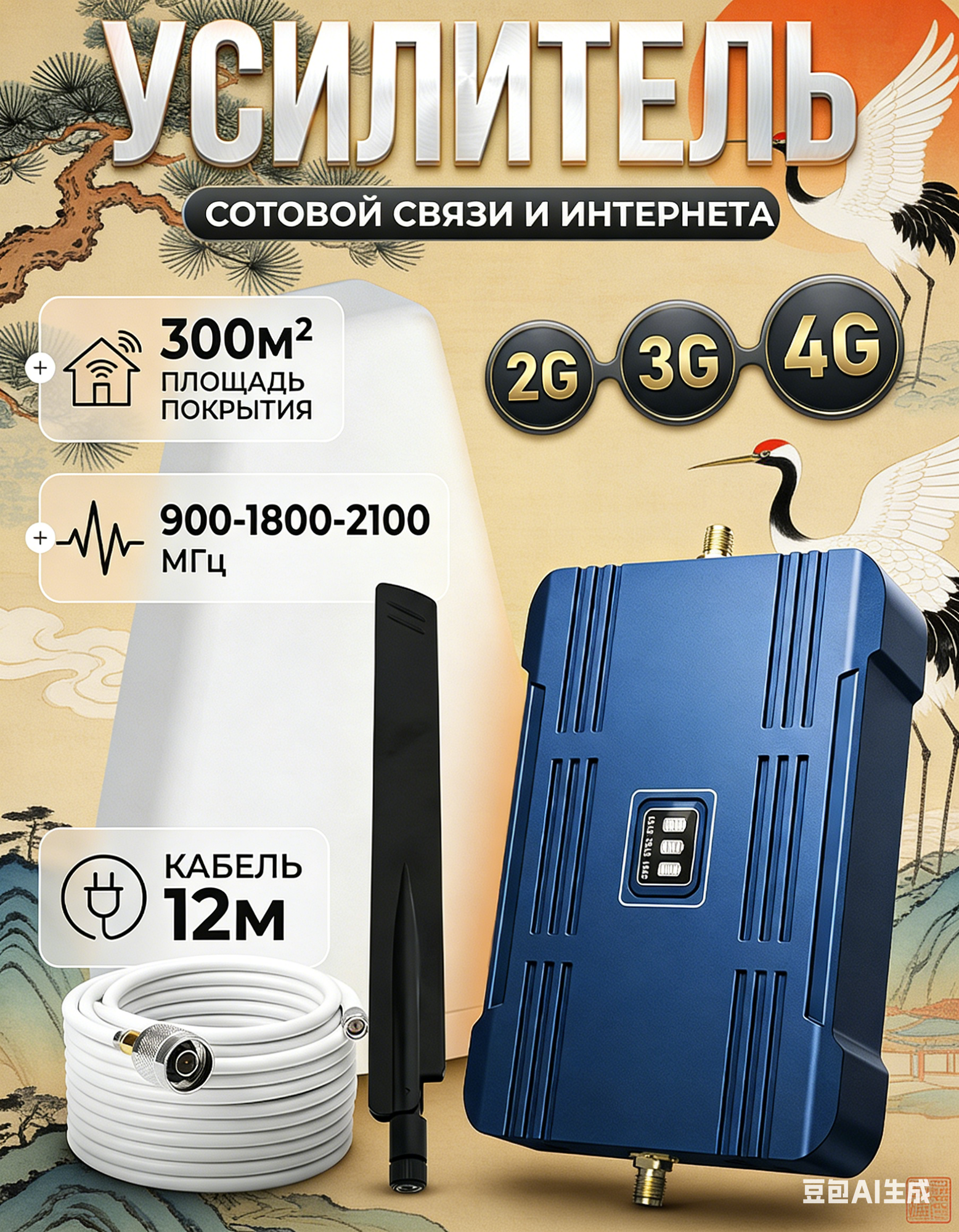 Усилитель сотовой связи 900/1800/2100 МГц (2G/3G/4G): до 70 км, направленный, синий, 1.3 кг