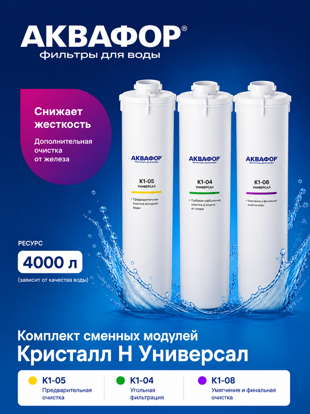 Комплект картриджей для фильтра Аквафор К5-К4-К8, Универсал Н, для жесткой воды, 3 ступени, быстросъемный