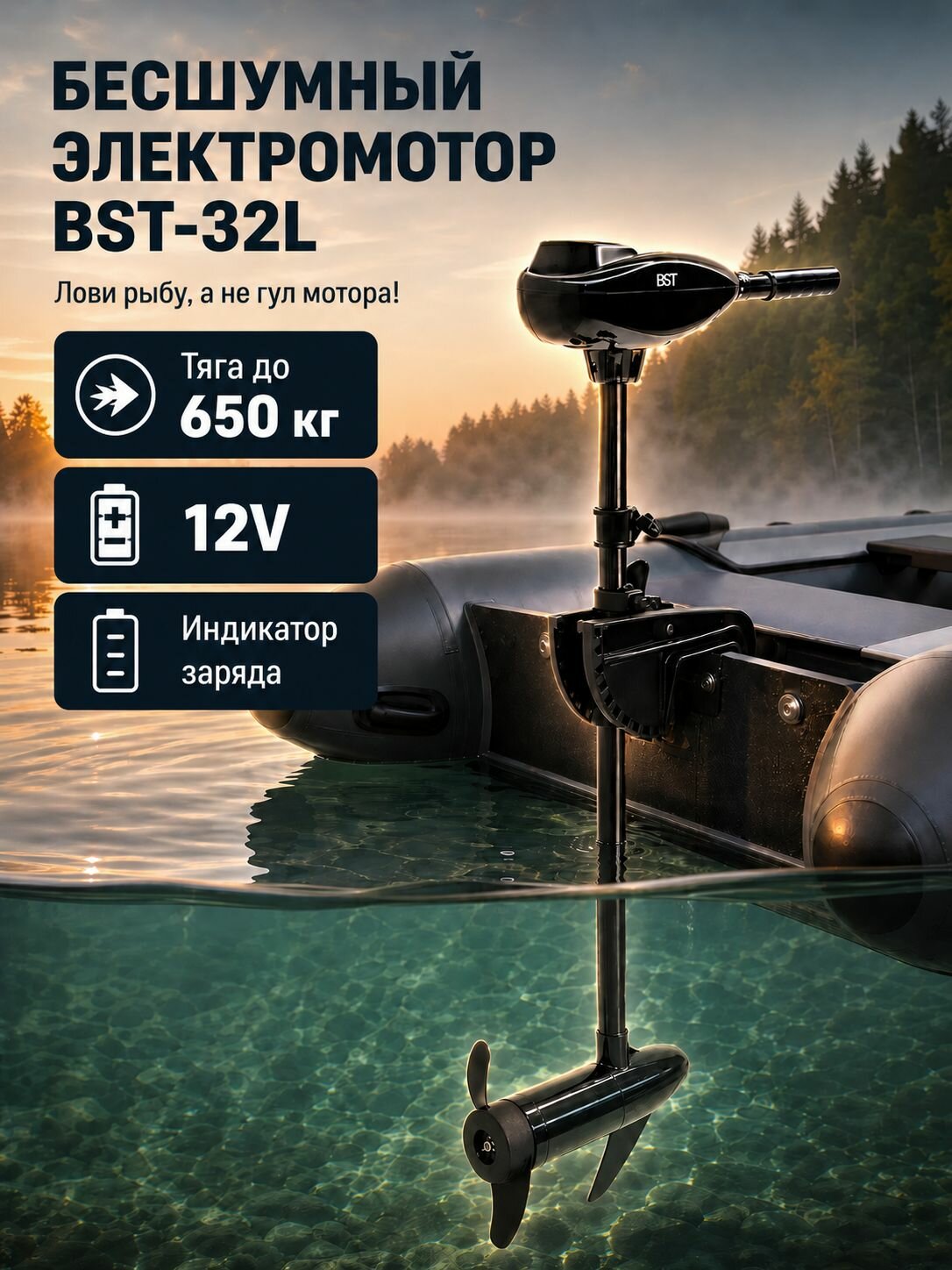 Лодочный электромотор BST-32 L для лодки ПВХ, 12В (12V), тяга 32 lbs (до 650 кг), с индикатором заряда, электрический