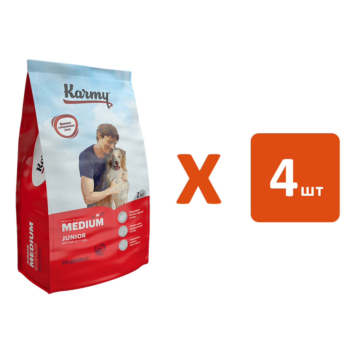 Корм сухой Karmy Medium Junior для щенков средних пород, индейка, 2 кг х 4 шт