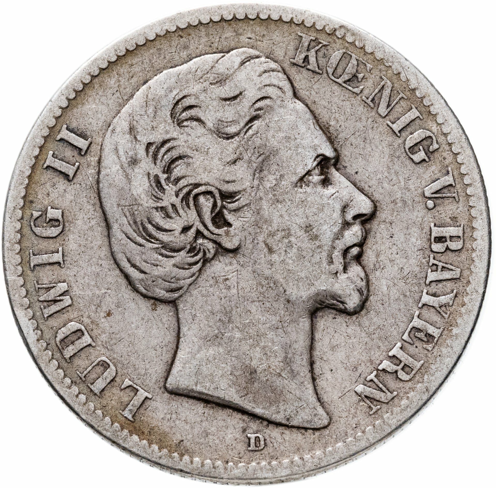 Германская Империя, Бавария 2 марки mark 1876, двор D, Серебро 900, в сохранности VF