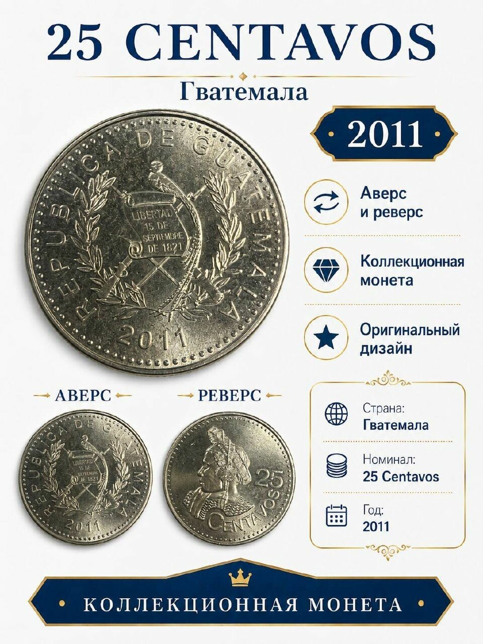 Коллекционная монета Гватемала 25 Centavos 2011, аверс и реверс, иностранная монета