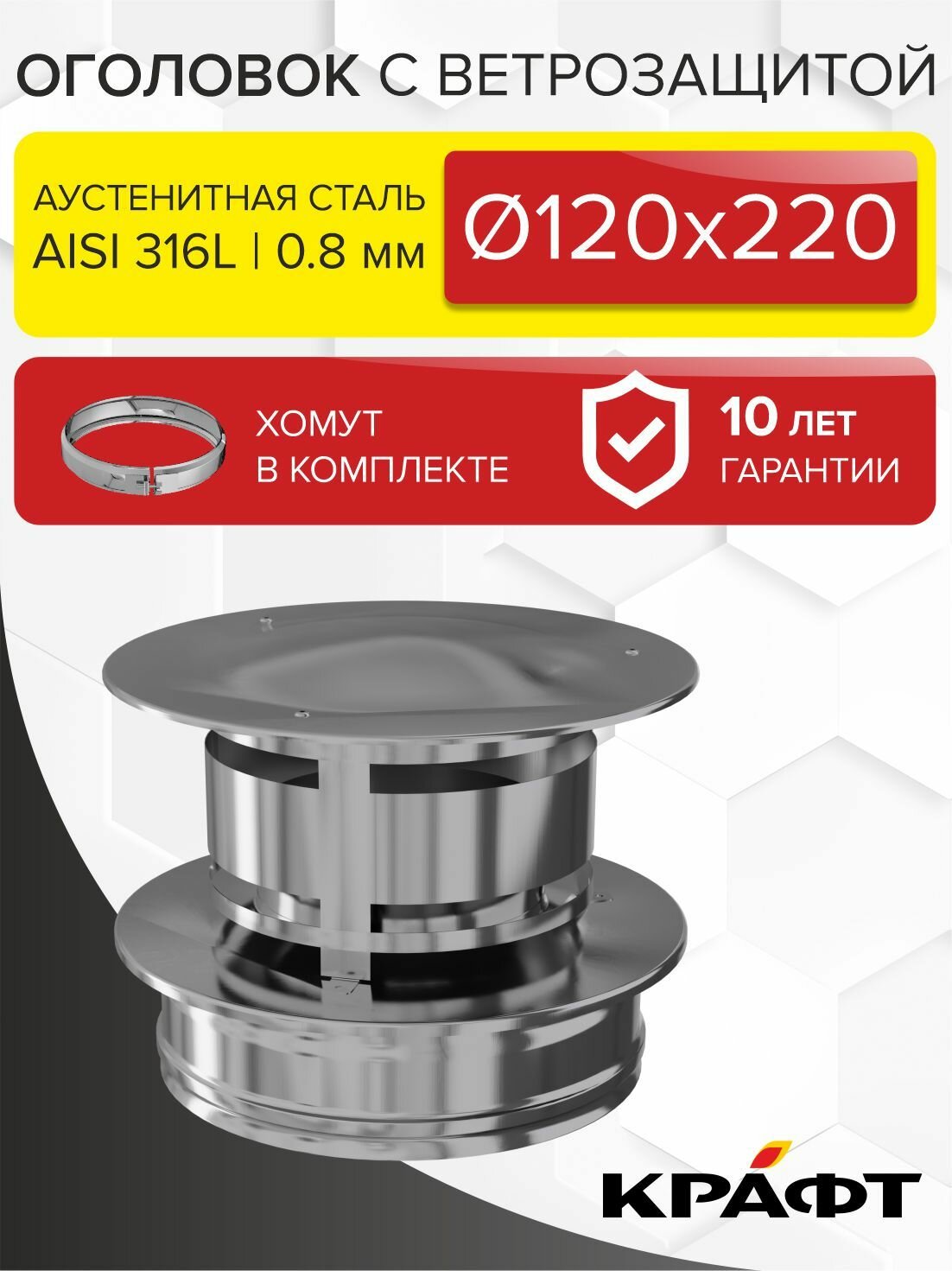 Элемент дымохода Оголовок с ветрозащитой крафт Стандарт-50 (316/0,8/304/0,5) Ф120х220