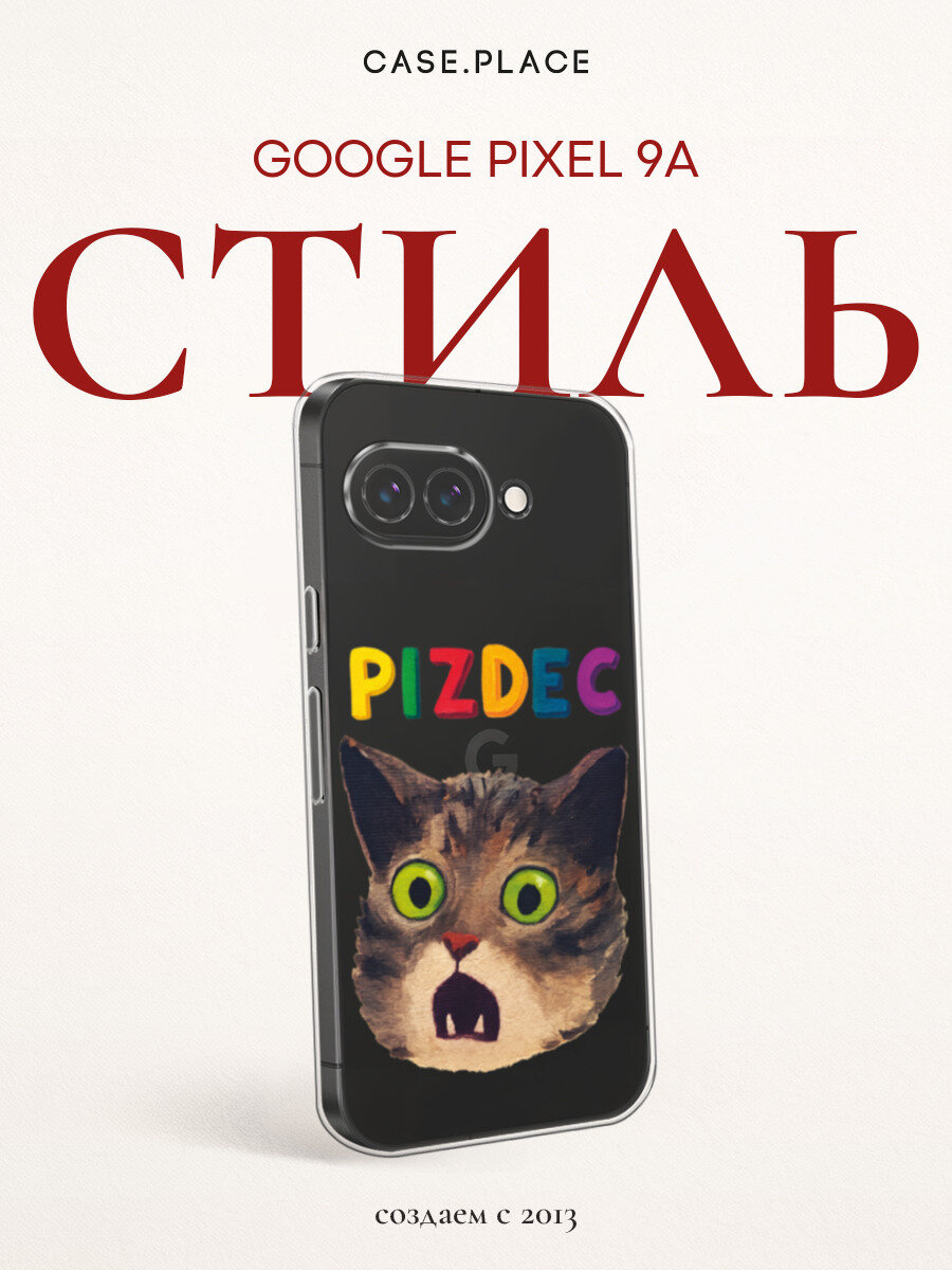 Чехол на Google Pixel 9a / Гугл Пиксель 9A с принтом Испуганный котик с надписью, прозрачный