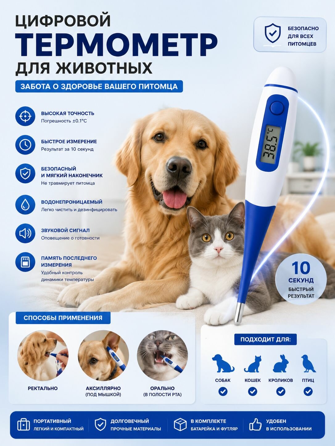 Термометр электронный ветеринарный с гибким наконечником VET-100 Vitavet Pro