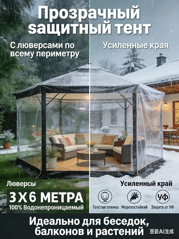 Тент защитный GEALFIS прозрачный 3x6 м, водонепроницаемая штора для беседки и веранды, усиленная пленка с люверсами для балкона и сада
