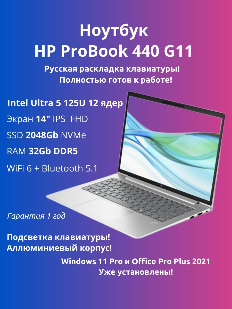 Ноутбук HP ProBook 440 G11 (14 FHD/Intel Ultra 5 125U/32Gb/2048Gb SSD/Win 11 Pro) Silver