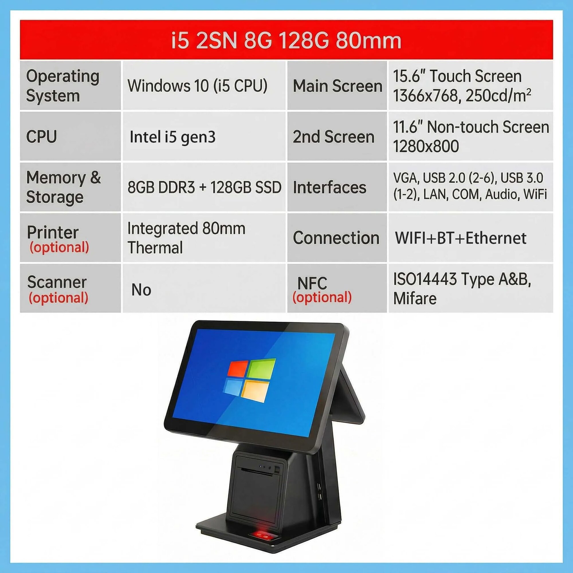 15,6-дюймовая система POS Windows с 2D-сканером со стороны кассира. Терминал POS для сканирования штрих-кодов товаров с сенсорным экраном Windows 10 ECR