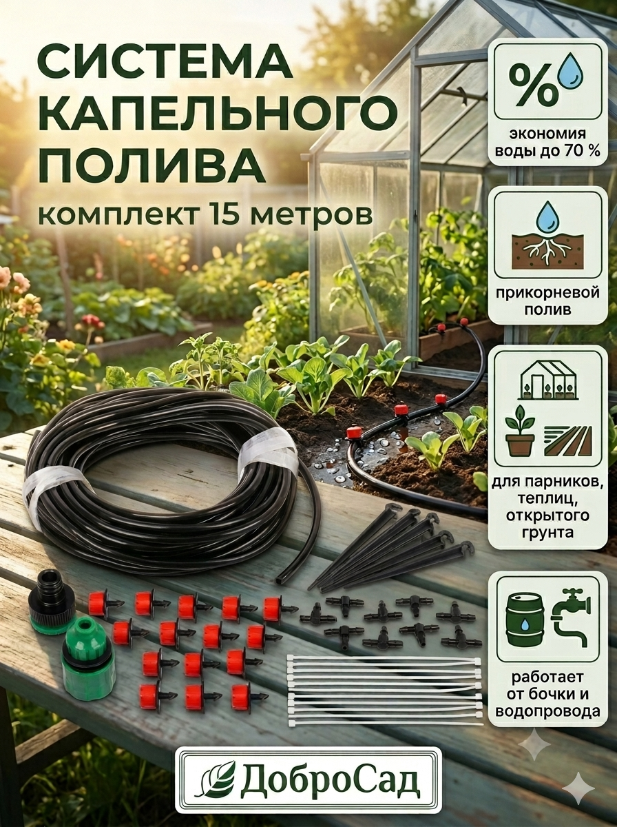 Система капельного полива 'ДоброСад BD181-2', 15м, ПВХ, с регулируемыми капельницами