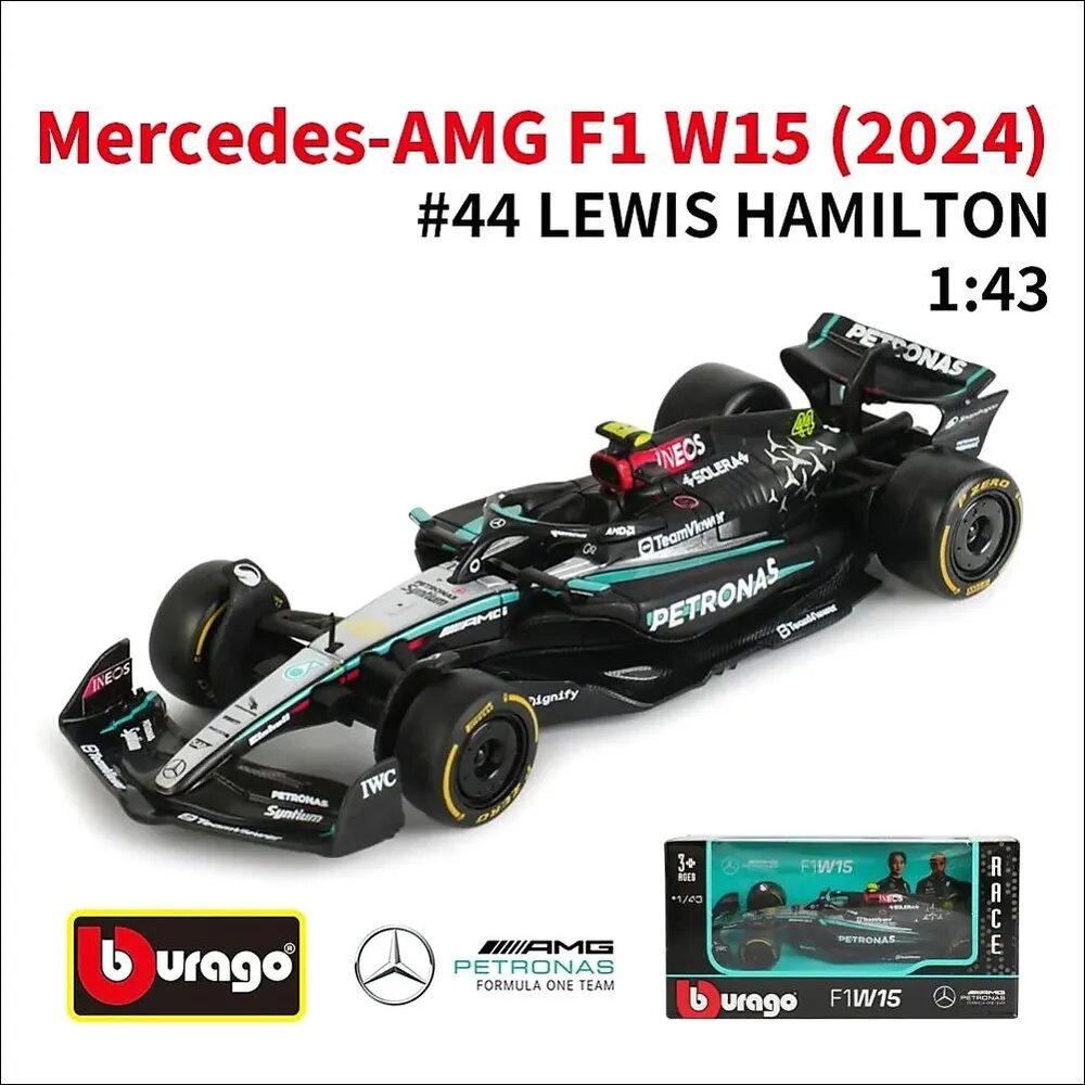 1:43 Mercedes AMG 2024 W15 E Performance Формульный болид Формулы-1, Литые под давлением автомобили, коллекционная модель гоночных игрушек