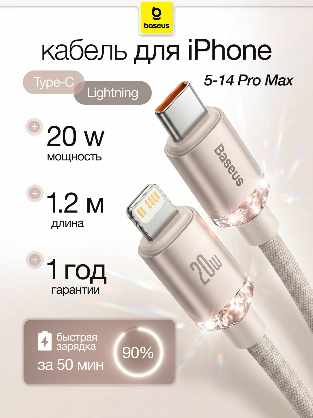 Провод для Айфона, 1,2 метра / Lightning кабель, 20 W, Baseus / Быстрый плетеный шнур для Iphone