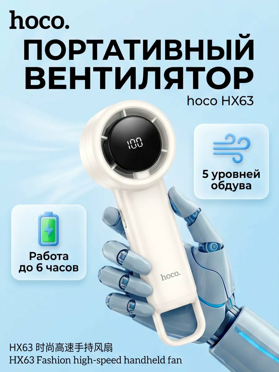 Вентилятор портативный HOCO HX63 Stylish, аккумулятор 2000 mAh, LED - дисплей (Белый)