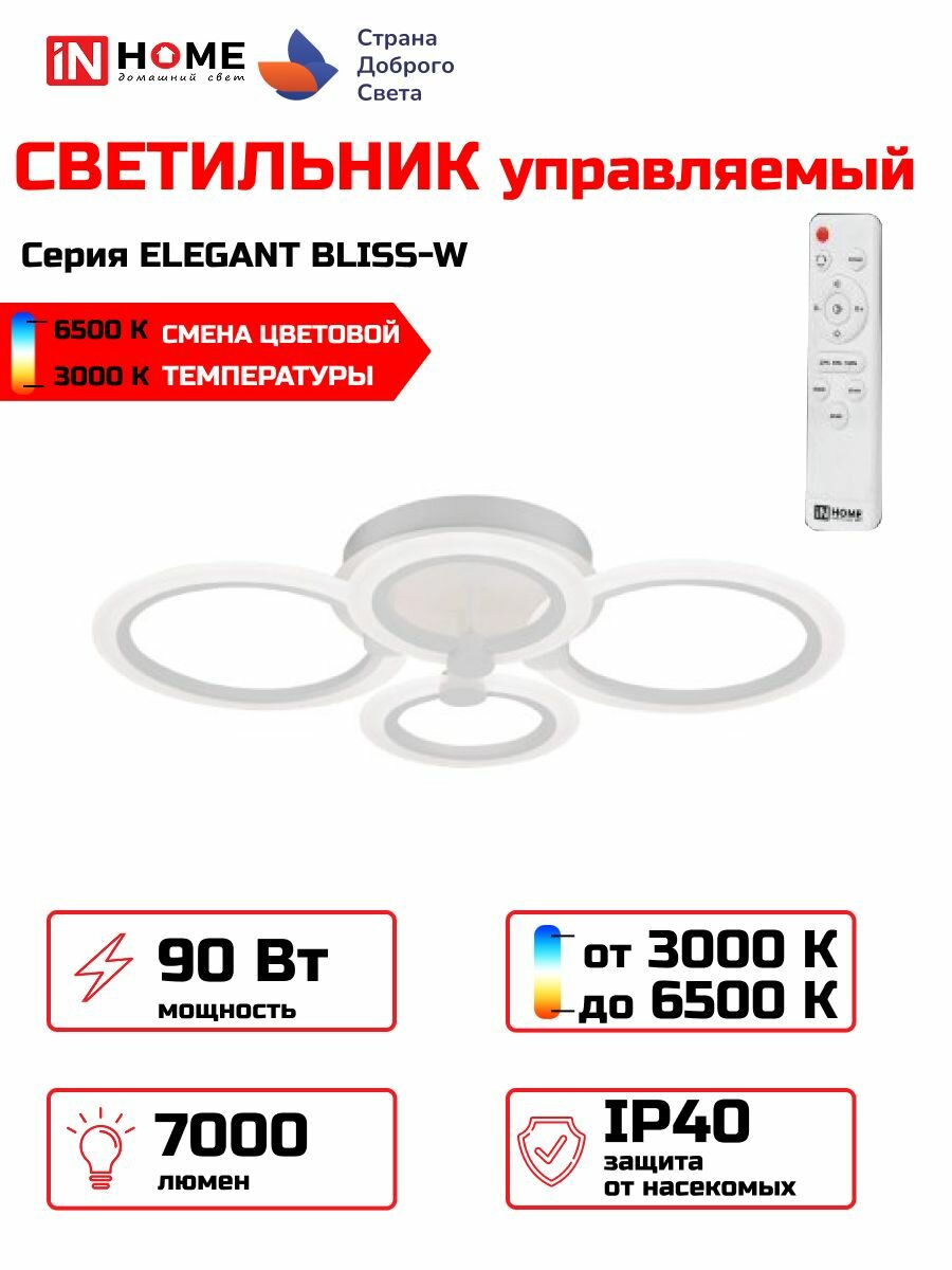 Светильник светодиодный ELEGANT BLISS-90W 90Вт 230В 3000-4000-6500K 7000Лм 610х400х130мм c пультом ДУ белый IN HOME