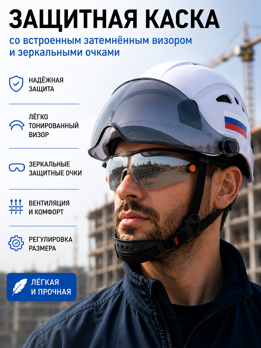 Каска защитная со встроенными зеркальными очками и наружным визором