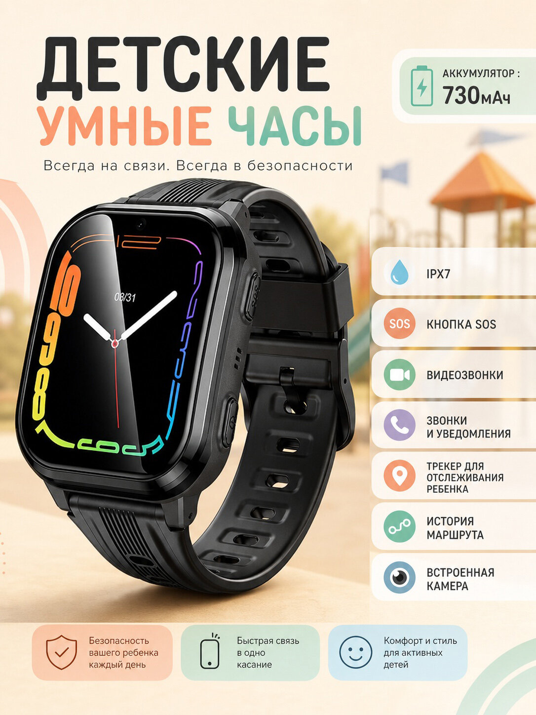 Детские умные смарт-часы 4G с GPS-трекером и видеосвязью Hoco Y108 (Nano SIM, IPX7, 730 мАч, Синие)