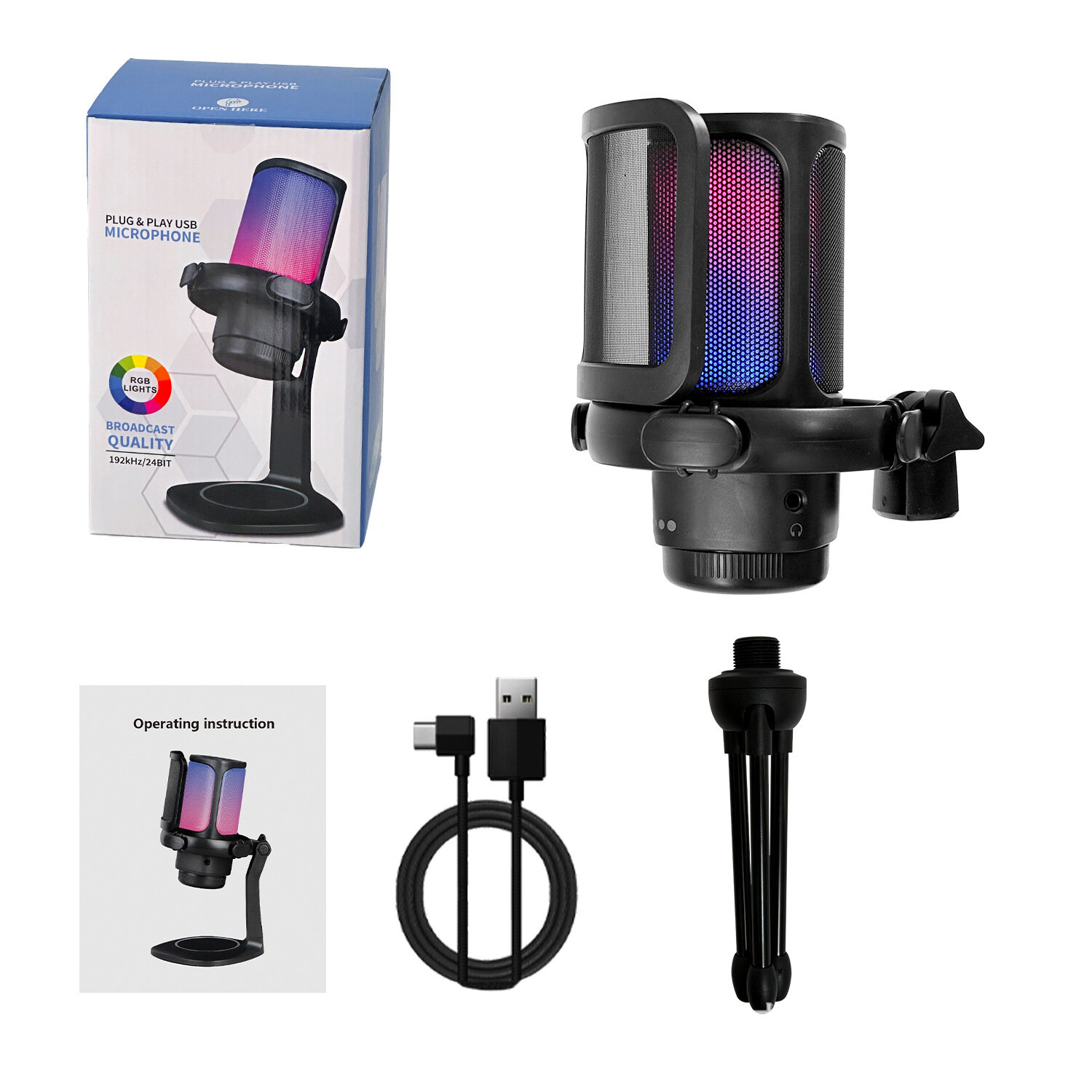 Игровой USB конденсаторный микрофон с защитой от всплесков, RGB подсветкой и штативом, черный цвет для записи на ПК