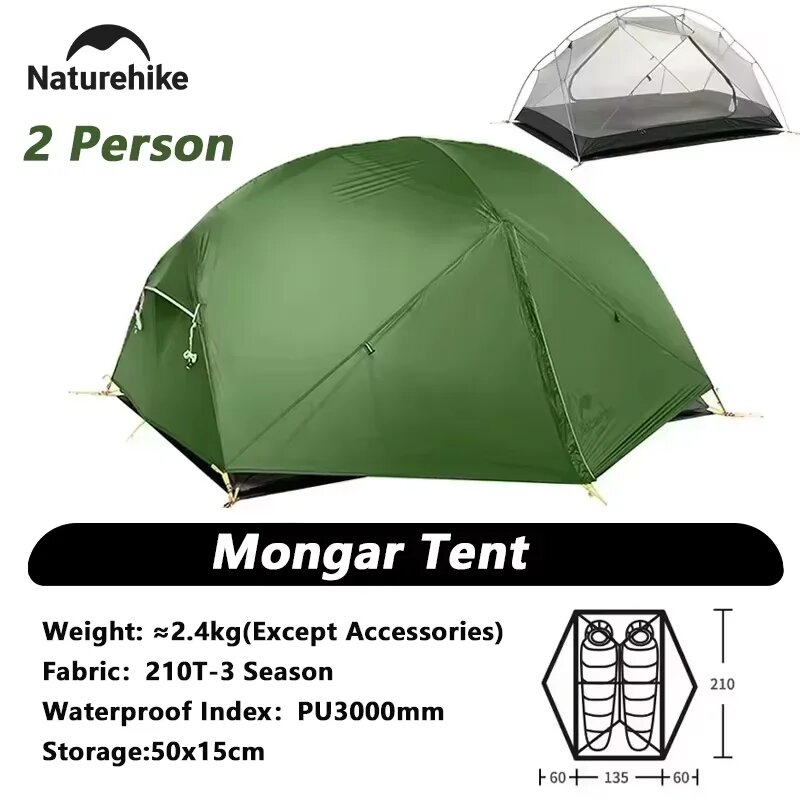 Naturehike Mongar 2 Палатка 210T Полиэстер для кемпинга и походов Ультралегкая Водонепроницаемая Двухместная Рюкзажная Палатка Трёхсезонная Палатка Для Воздуха