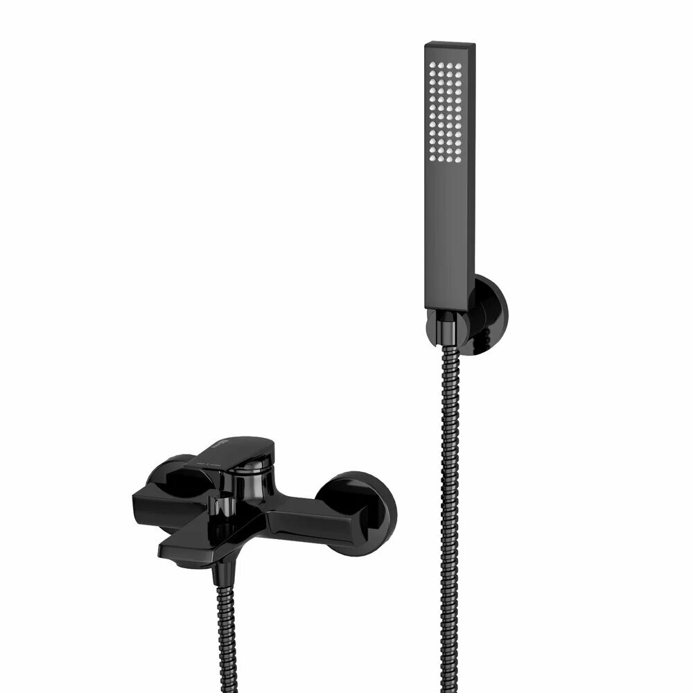Смеситель для ванны с душем Wasserkraft Глан (Glan) 6601 с душевым гарнитуром, настенный, однорычажный, черный, глянцевый, латунный, с керамическим картриджем