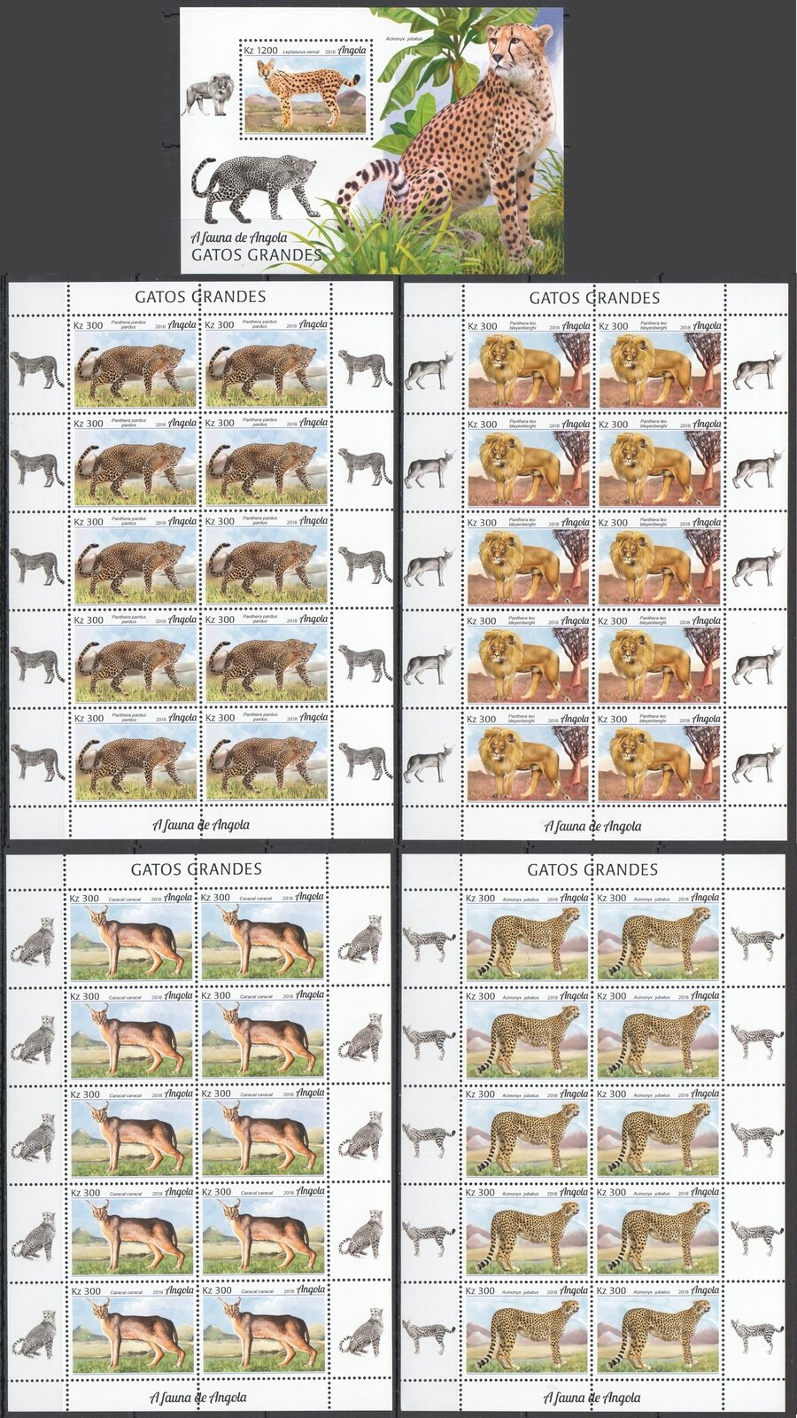 Марки 2018 год Ангола Большие кошки львов Фауна #2051-2054 ! 4 Листа+Bl176 Mnh