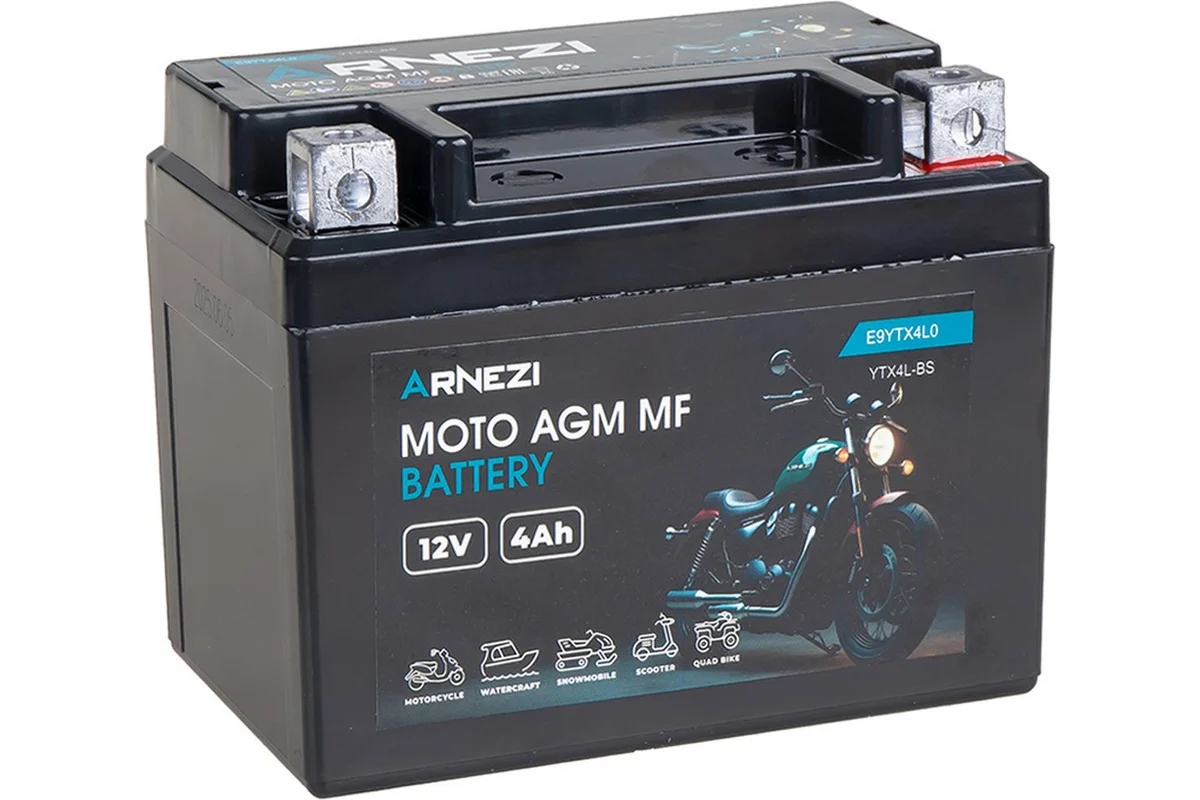 Аккумулятор Arnezi Moto AGM 4А/ч 50A 12В обратная полярность (-+) 114х71х85 YB4L-A, YB4L-B, YTX4L-BS для мото, скутера