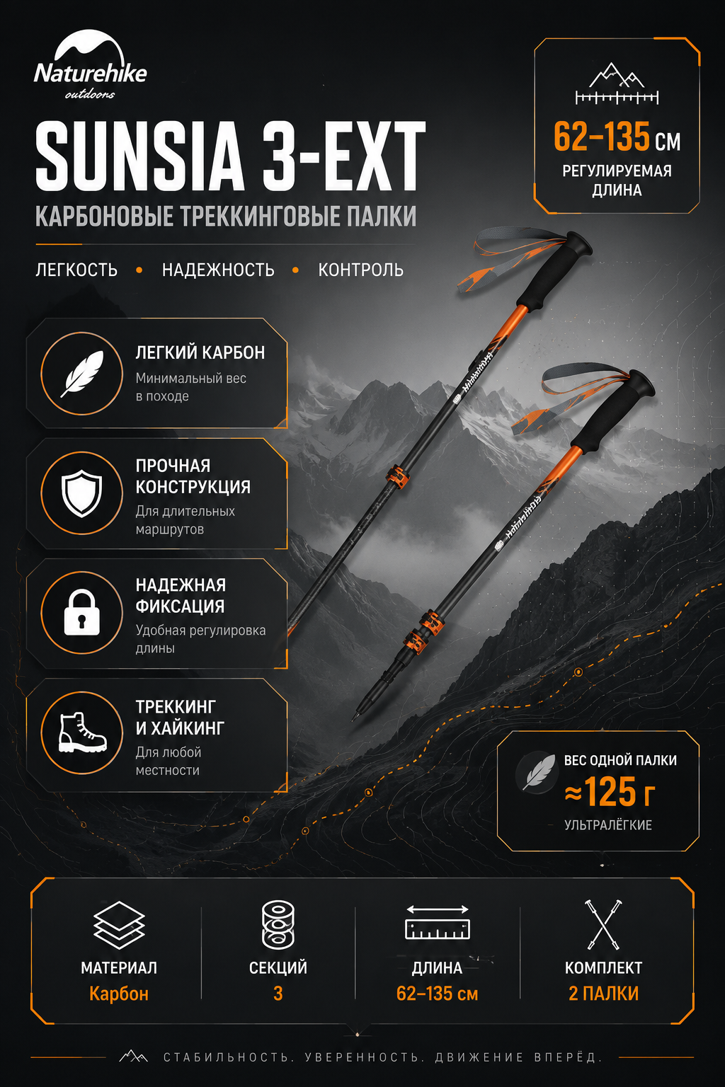 Палки треккинговые Naturehike Sunsia 3-EXT, карбон, 3-секционные, 62-135 см, оранжевые, 2 шт