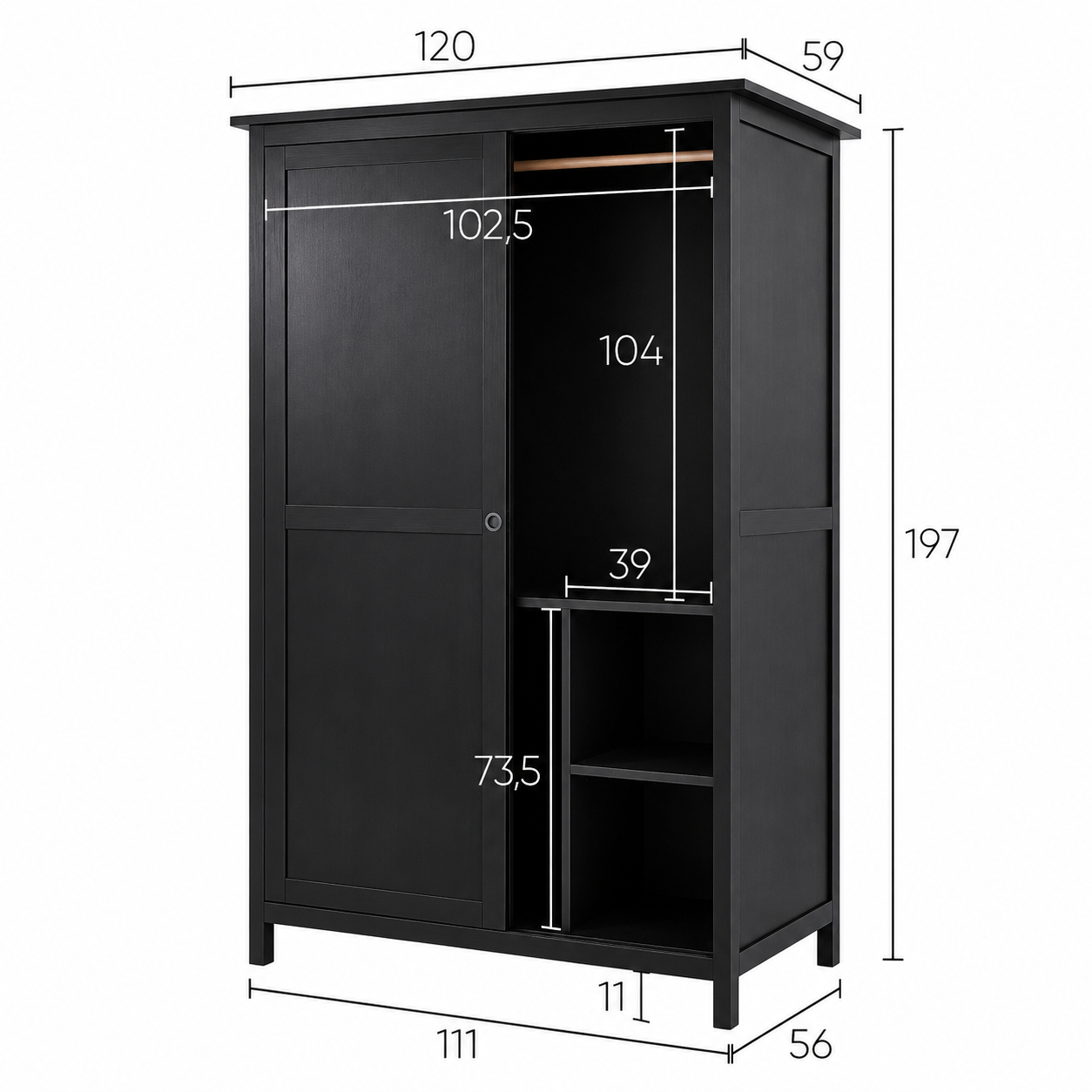 Шкаф купе двухдверный HEMNES Кымор, цвет черный, массив сосны, 120 x 197 x 59 см