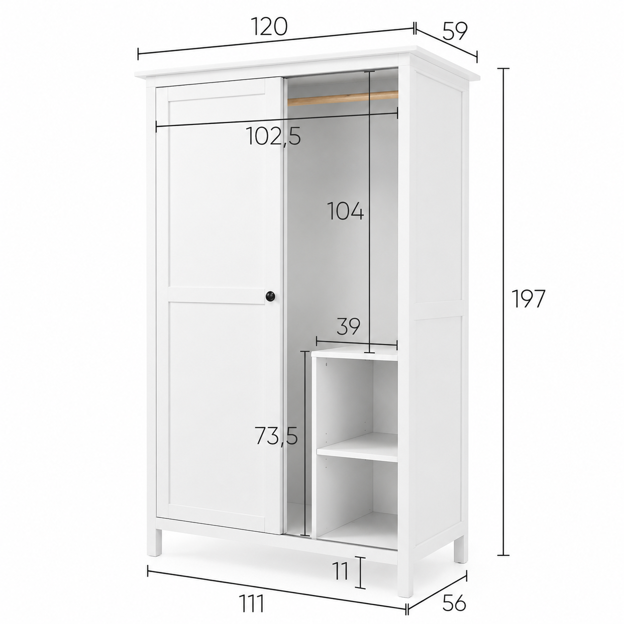 Шкаф купе двухдверный HEMNES Кымор, цвет белый, массив сосны, 120 x 197 x 59 см