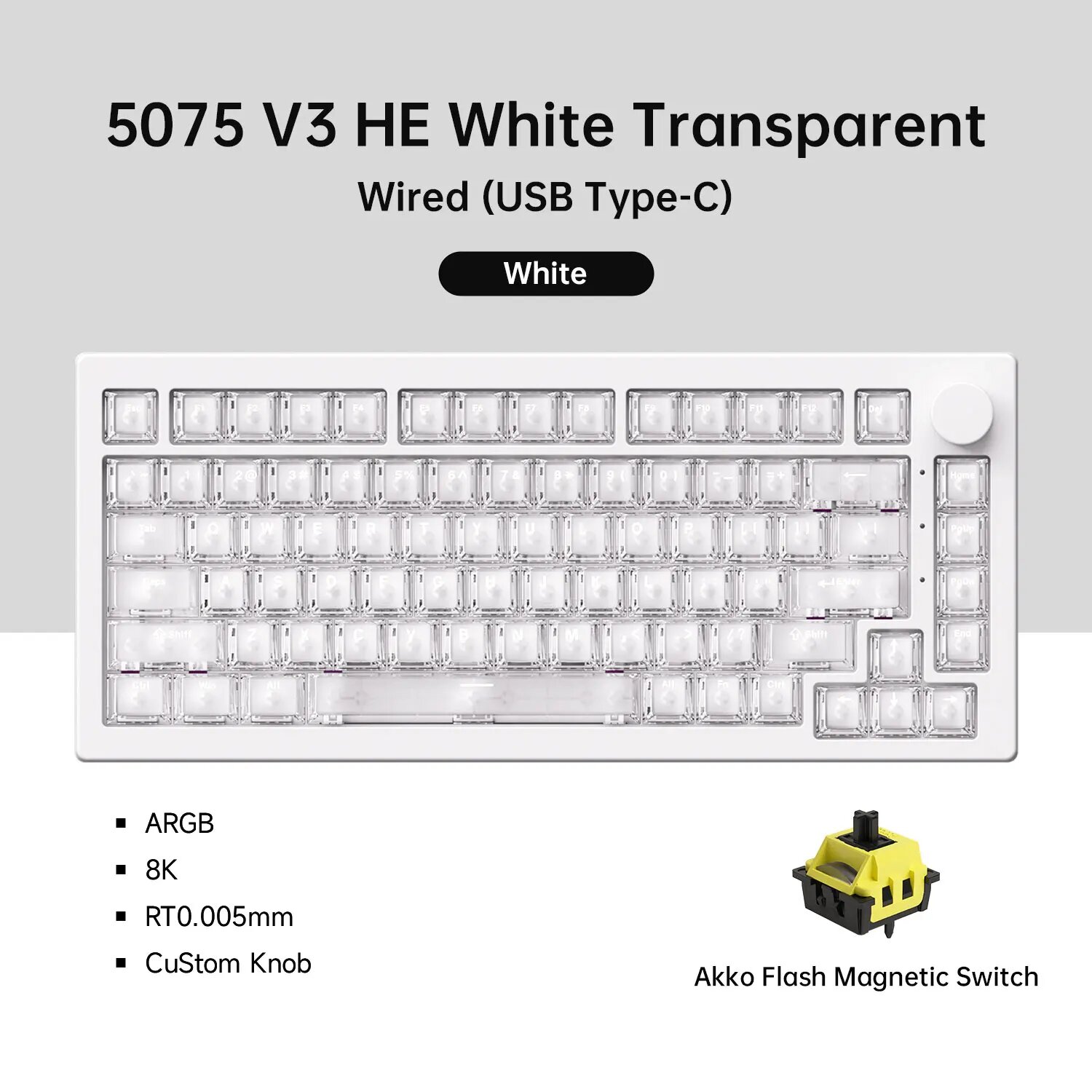 Акко 5075 V3 HE беспроводная механическая клавиатура 75%, магнитные Белый, White Wired 2
