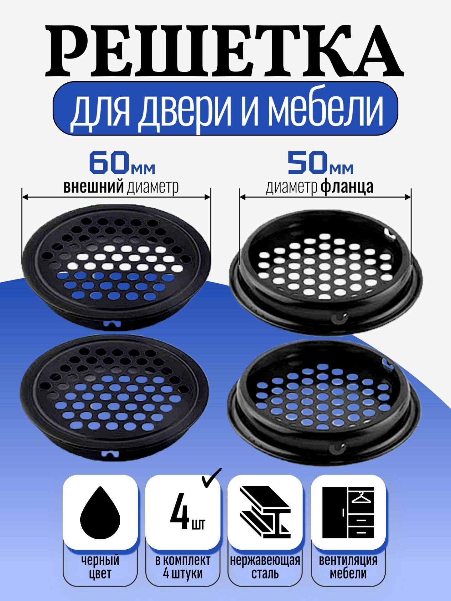 Решетка вентиляционная для двери / Вентиляция металлическая, черная, круглая, для мебели / Воздуховод на дверь, 50 мм, 4 шт.