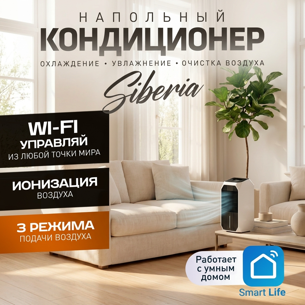 Мини-кондиционер-увлажнитель "Siberia", напольный, 3в1, серый