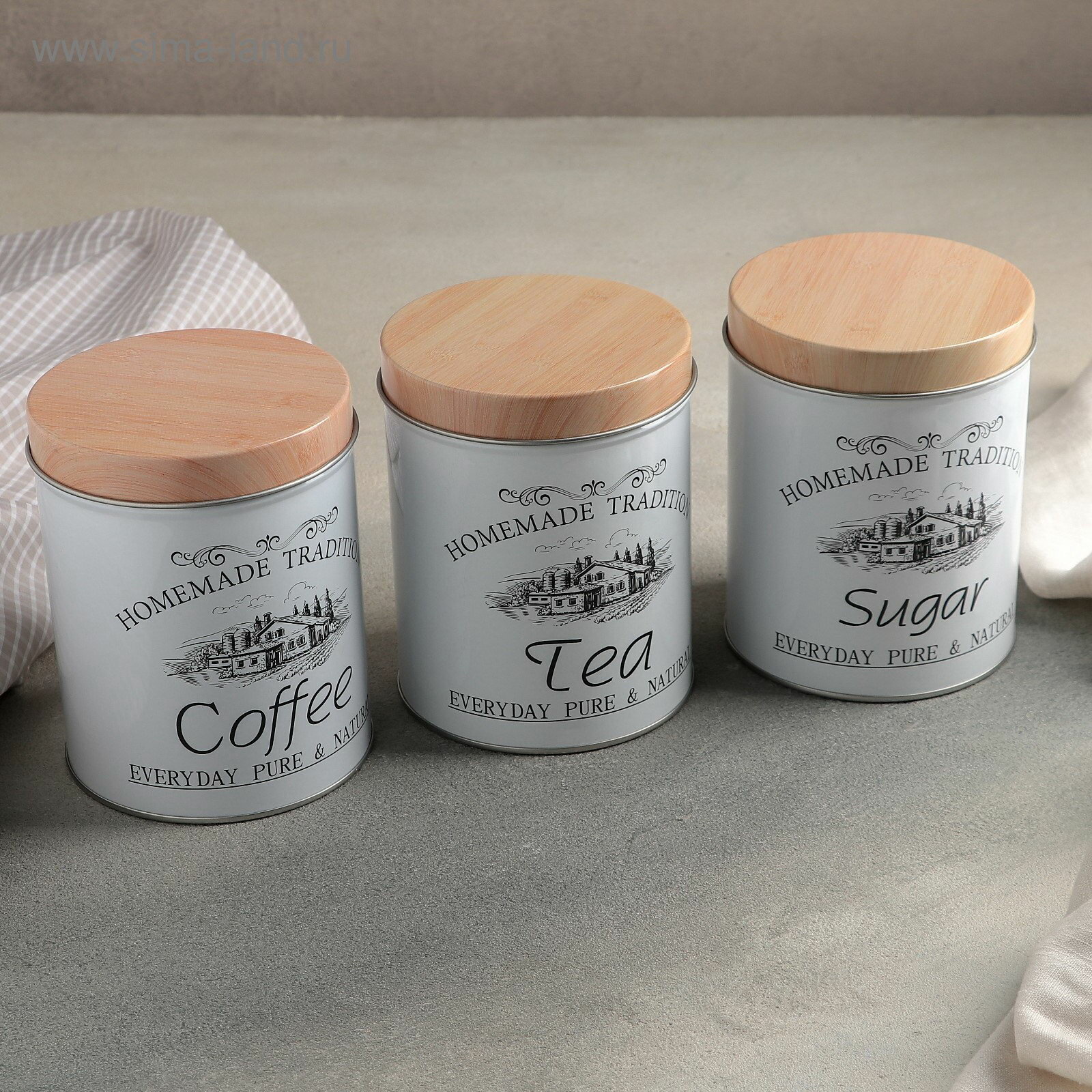 Банки для хранения сыпучих Sugar Coffee Tea, 1.2 л, 10.5x14 см, 3 шт, жесть, серые